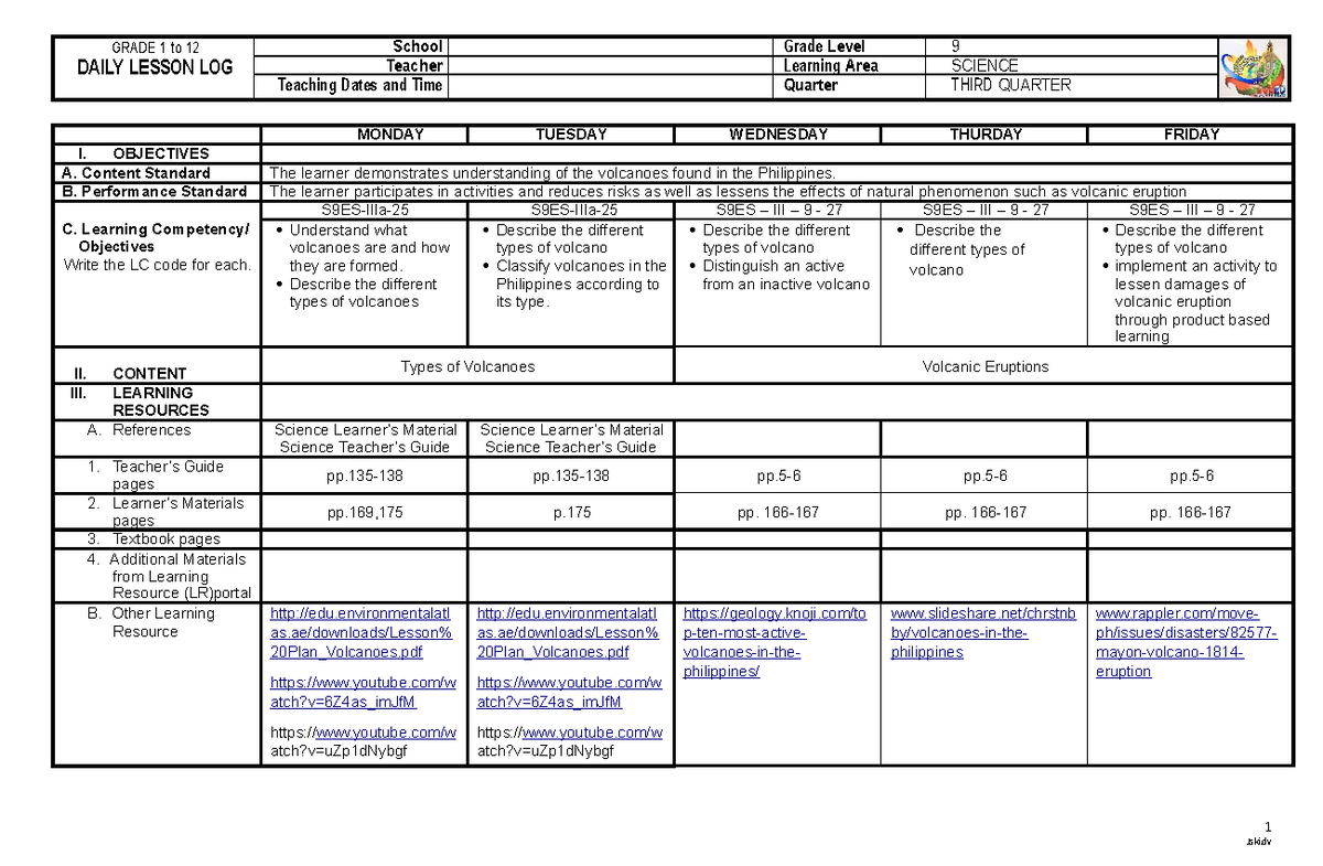 1ST MOD. DLL 3RD QRTR G9 - Notes - 1 GRADE 1 to 12 DAILY LESSON LOG ...