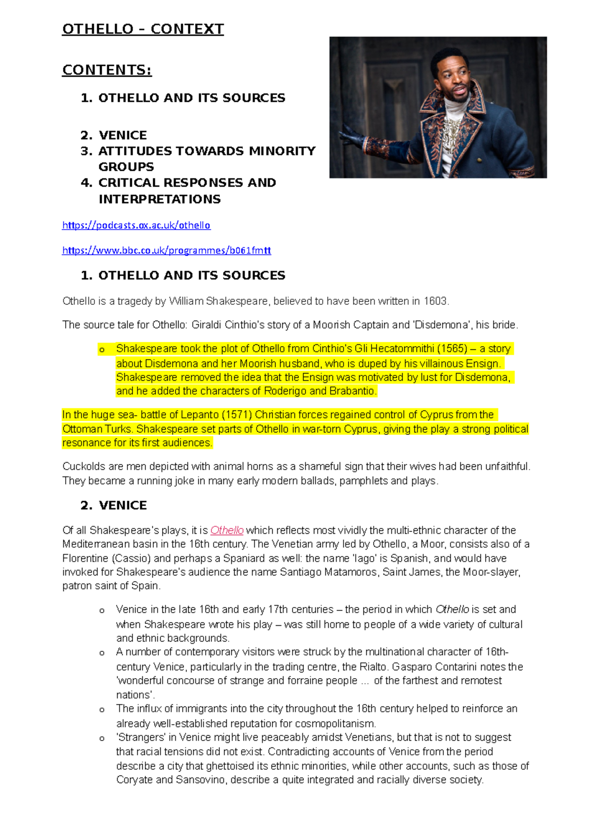 Othello context - CONTENTS: 1. OTHELLO AND ITS SOURCES 2. VENICE 3 ...