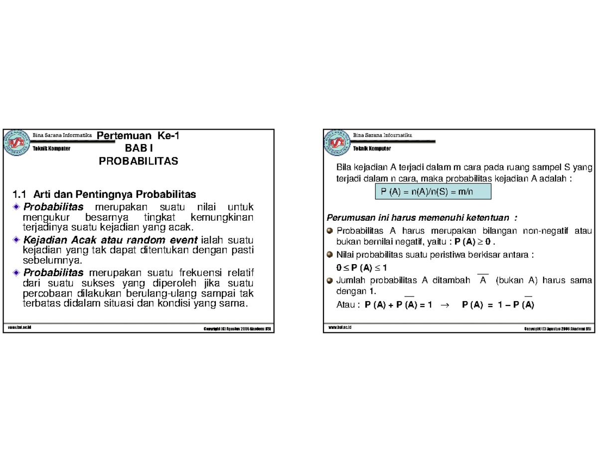 Adoc - Konsep probabilitas - Pertemuan Ke- BAB I PROBABILITAS 1 Arti ...