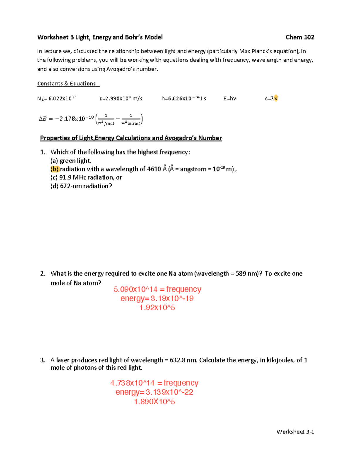 Worksheet 03 Light Energy and Bohr's Model vblankpdf - Worksheet 3 ...