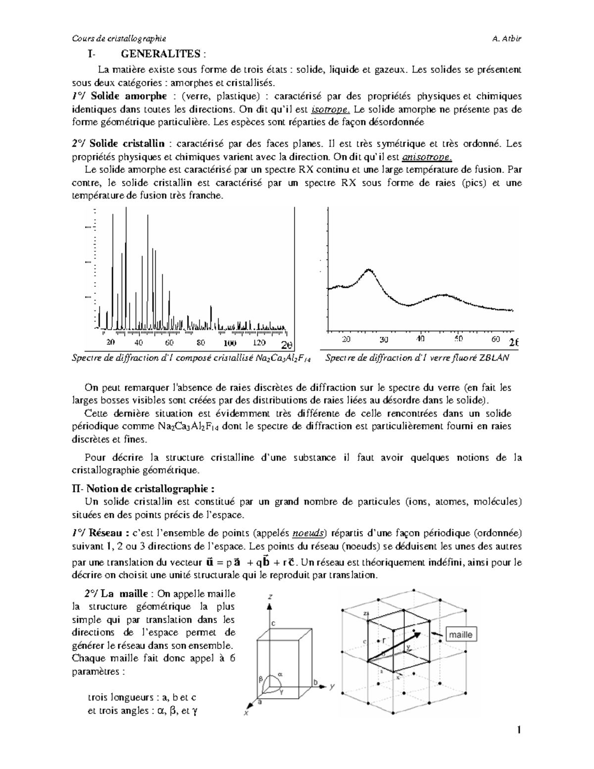 Cours cristallographie S3-1 - ####### I- GENERALITES : La matière ...
