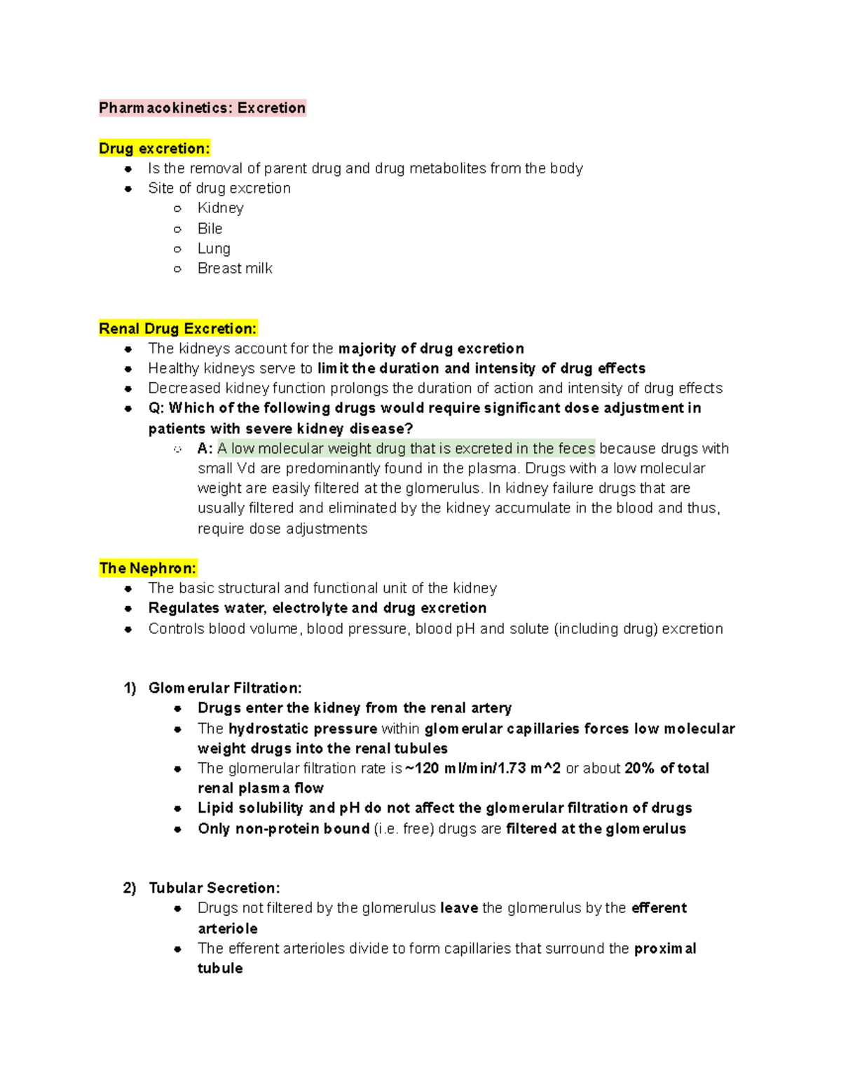 Pharmacology Module 5 Pharmacokinetics: Excretion Lecture note ...