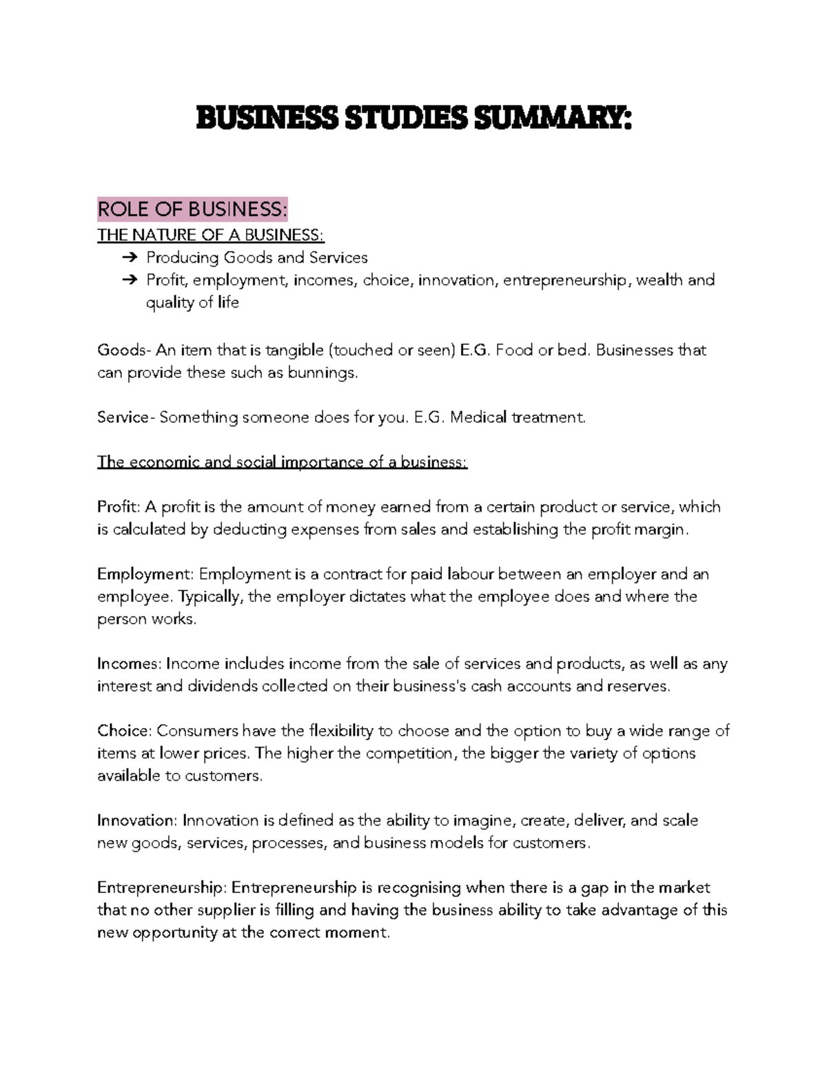 Course Summaries - BUSINESS STUDIES SUMMARY: ROLE OF BUSINESS: THE ...