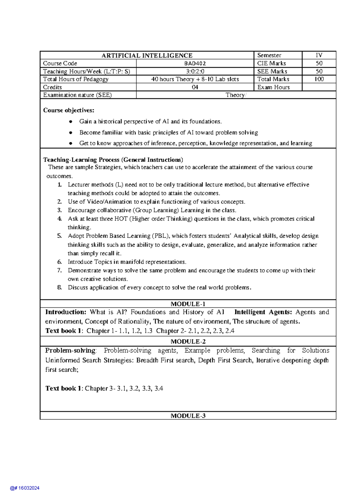 BAD402 - syllabus - ARTIFICIAL INTELLIGENCE Semester IV Course Code ...