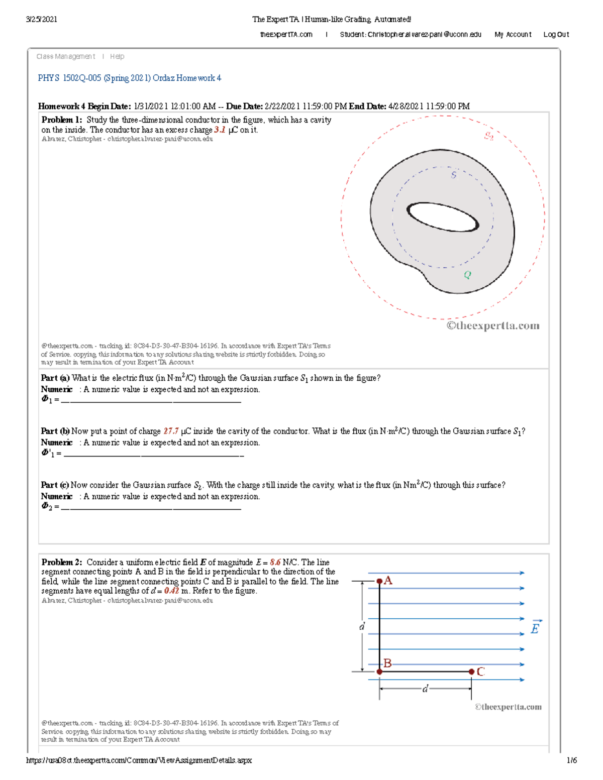 Homework 4 - PHYS 1502 - theExpertTA | Student: Christopher-pani@uconn ...