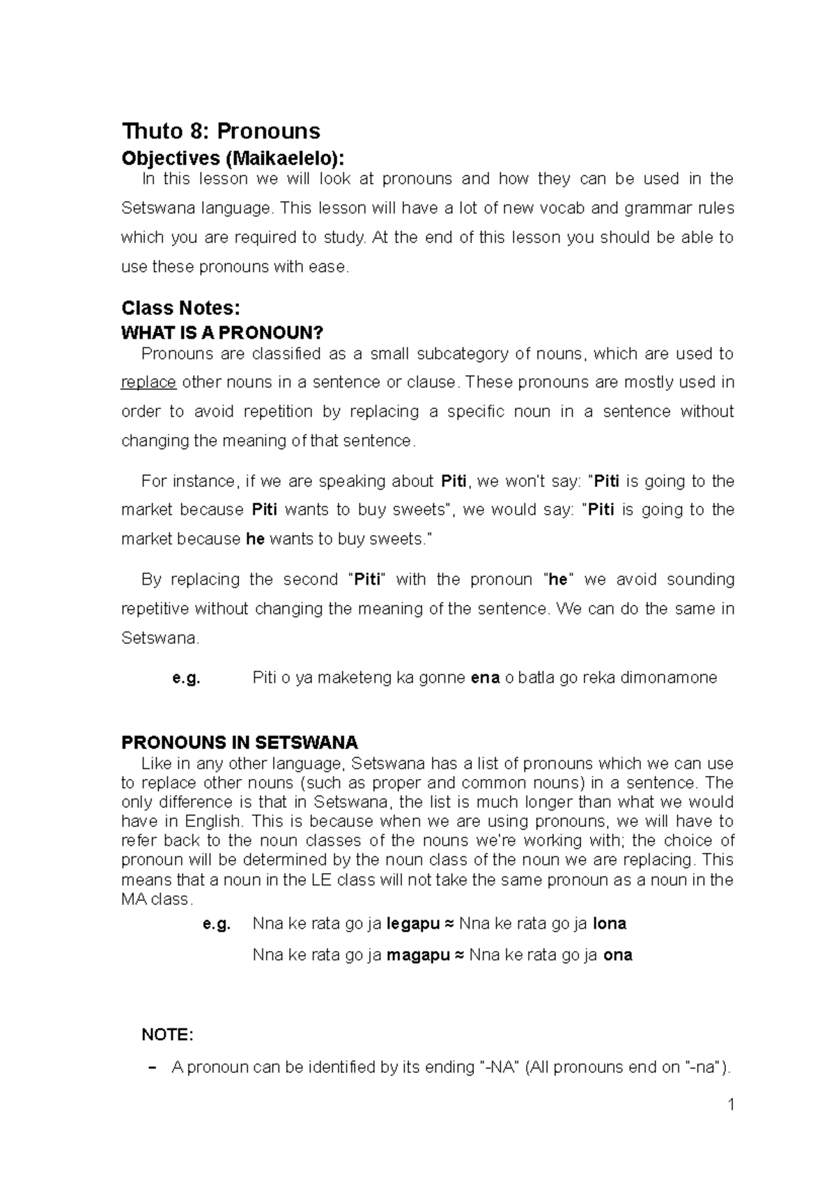 STW120 Thuto 8 (Class Notes) - Thuto 8: Pronouns Objectives (Maikaelelo ...