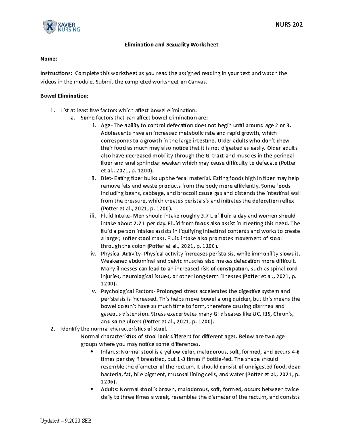 Elimination Sexuality WS 203 - Elimination and Sexuality Worksheet Name ...