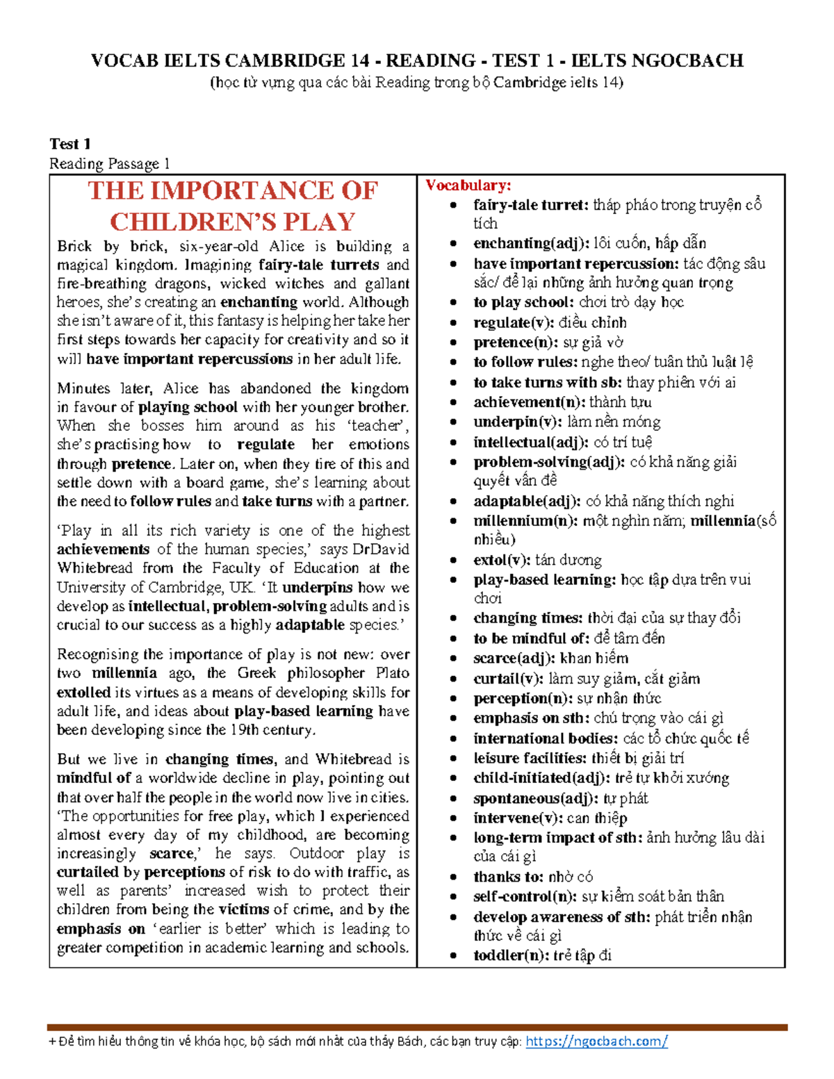Vocab Cambridge Ielts 14 TEST 1 Ieltsngocbach - VOCAB IELTS CAMBRIDGE ...