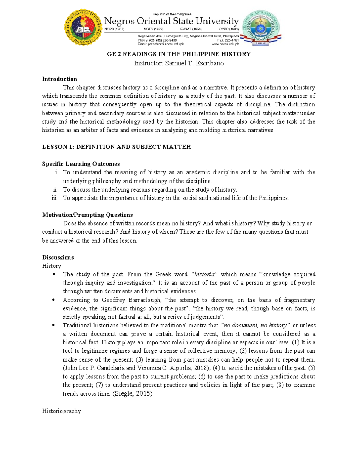 GE 2 lesson 1 and 2 - none - GE 2 READINGS IN THE PHILIPPINE HISTORY ...