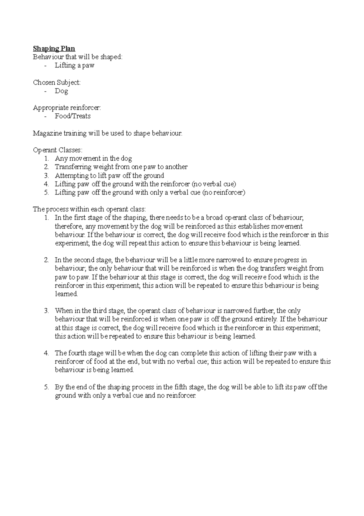 Shaping Plan - Tutorial Week - Shaping Plan Behaviour that will be ...