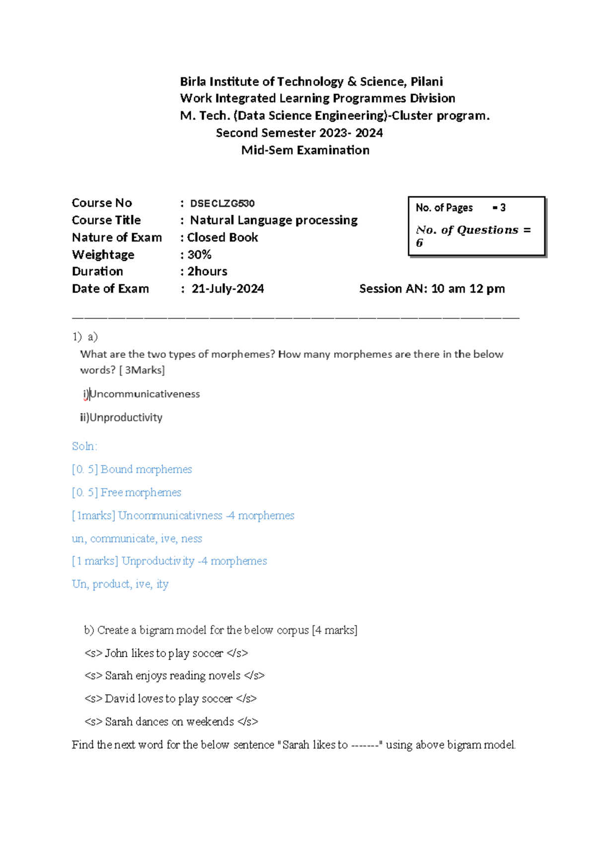 NLP midsem regular exam solution - Birla Institute of Technology & Science, Pilani Work - Studocu