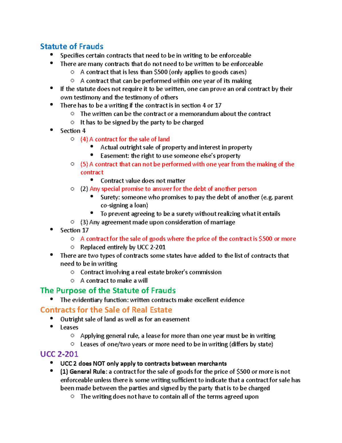 Contracts I Statute of Frauds - Statute of Frauds Specifies certain ...