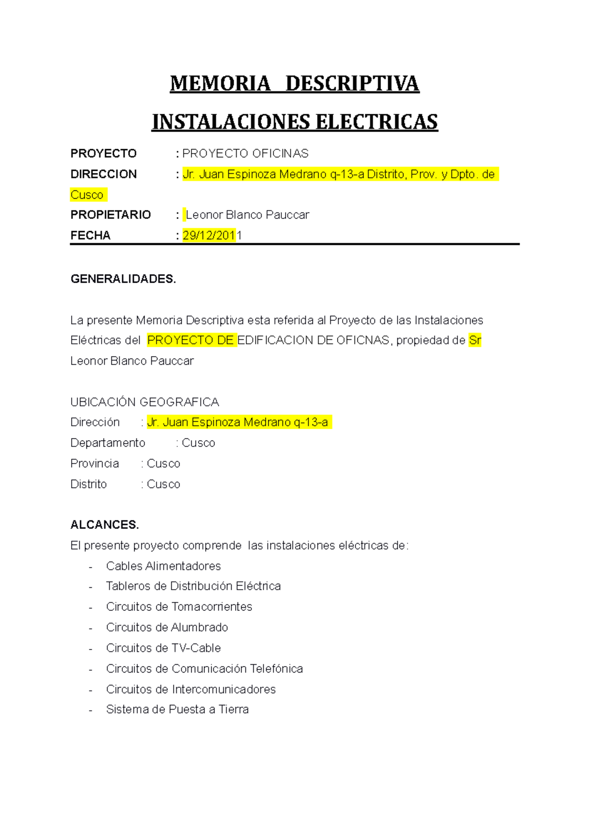 Memoria Electricas cusco - MEMORIA DESCRIPTIVA INSTALACIONES ELECTRICAS PROYECTO : PROYECTO ...