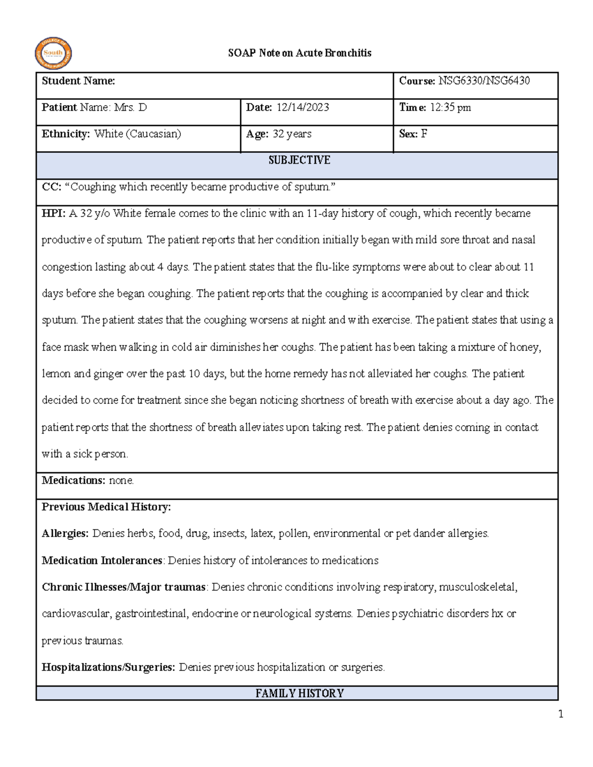 Soapnote on Bronchitis - SOAP Note on Acute Bronchitis Student Name ...