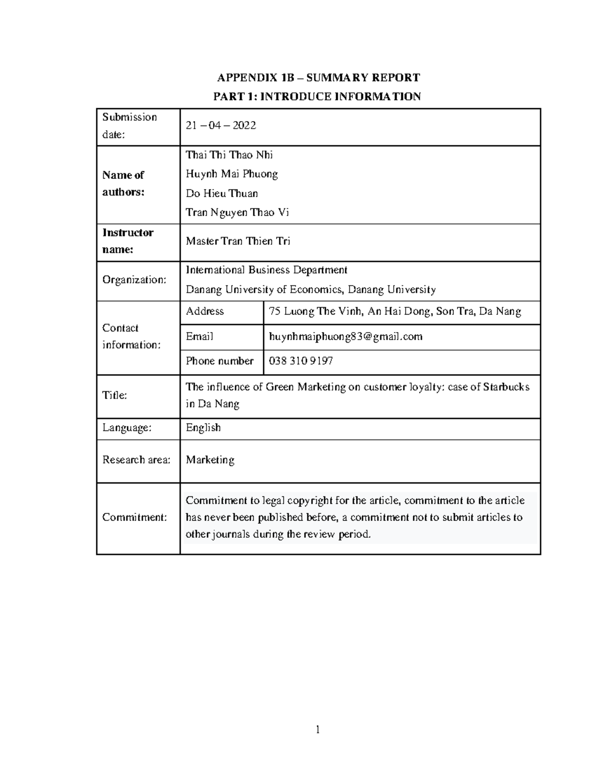 Summary-report-1 - hữu ích - APPENDIX 1B – SUMMARY REPORT PART 1 ...