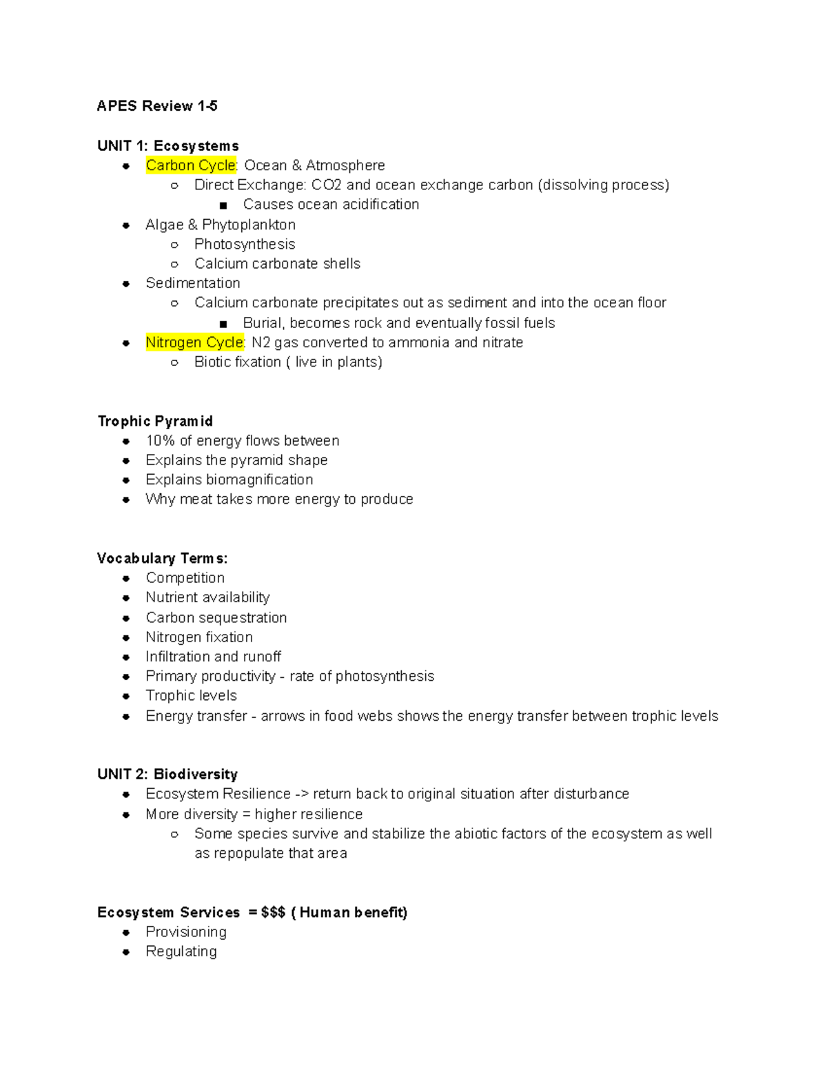 APES Review 1-5 - APES Review 1- UNIT 1: Ecosystems Carbon Cycle: Ocean ...