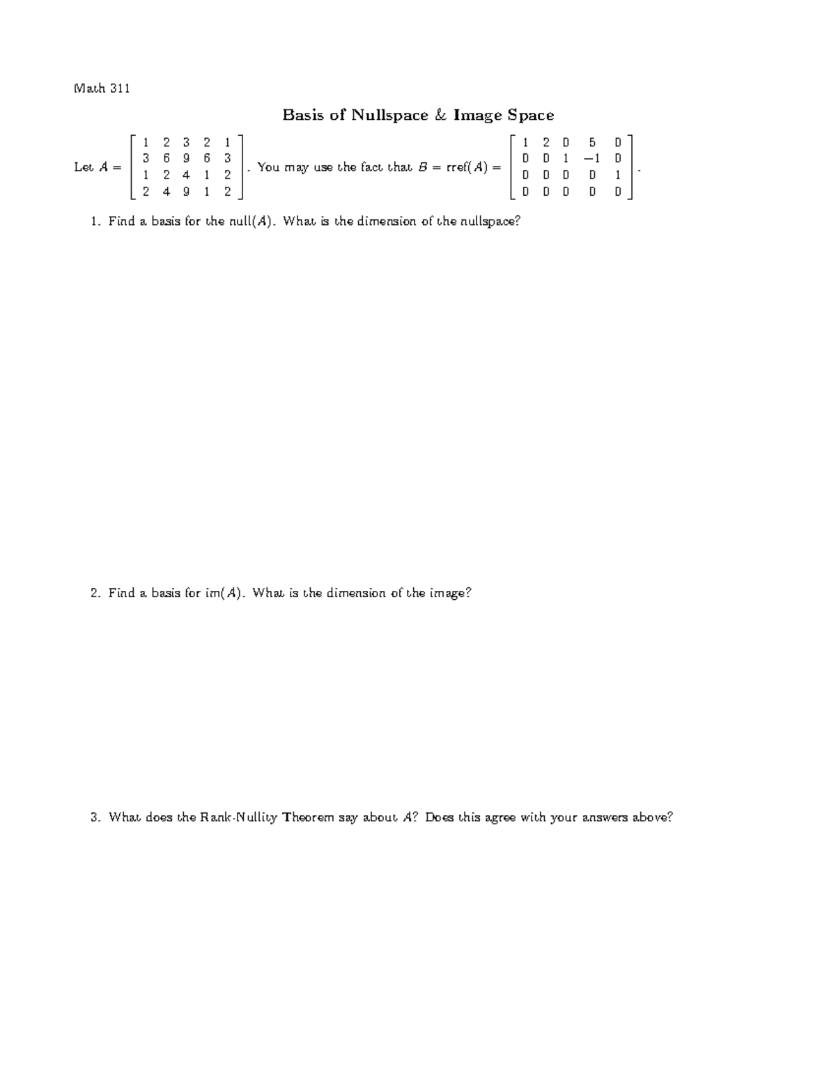 Homework 4 Questions Math 311 Basis Of Nullspace Image Space 2 1