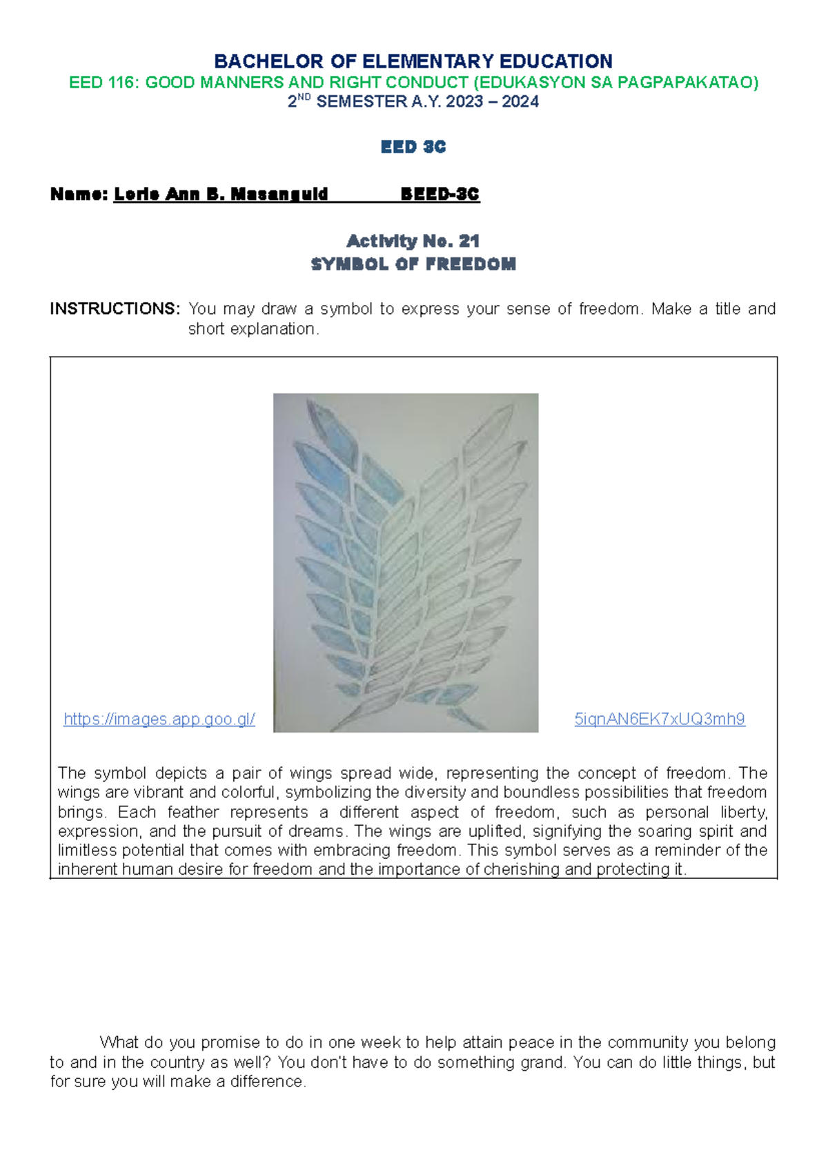 GMRC Activity NO. 21 Symbol OF Freedom - BACHELOR OF ELEMENTARY ...