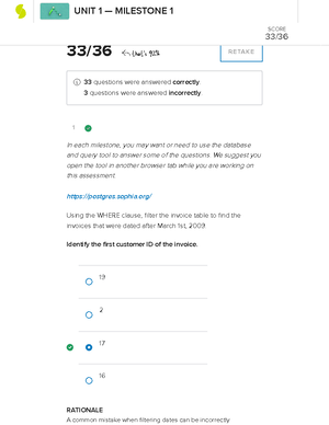 Sophia Database Final Milestone - MILESTONE Score 20/ You passed this Milestone 20 questions ...