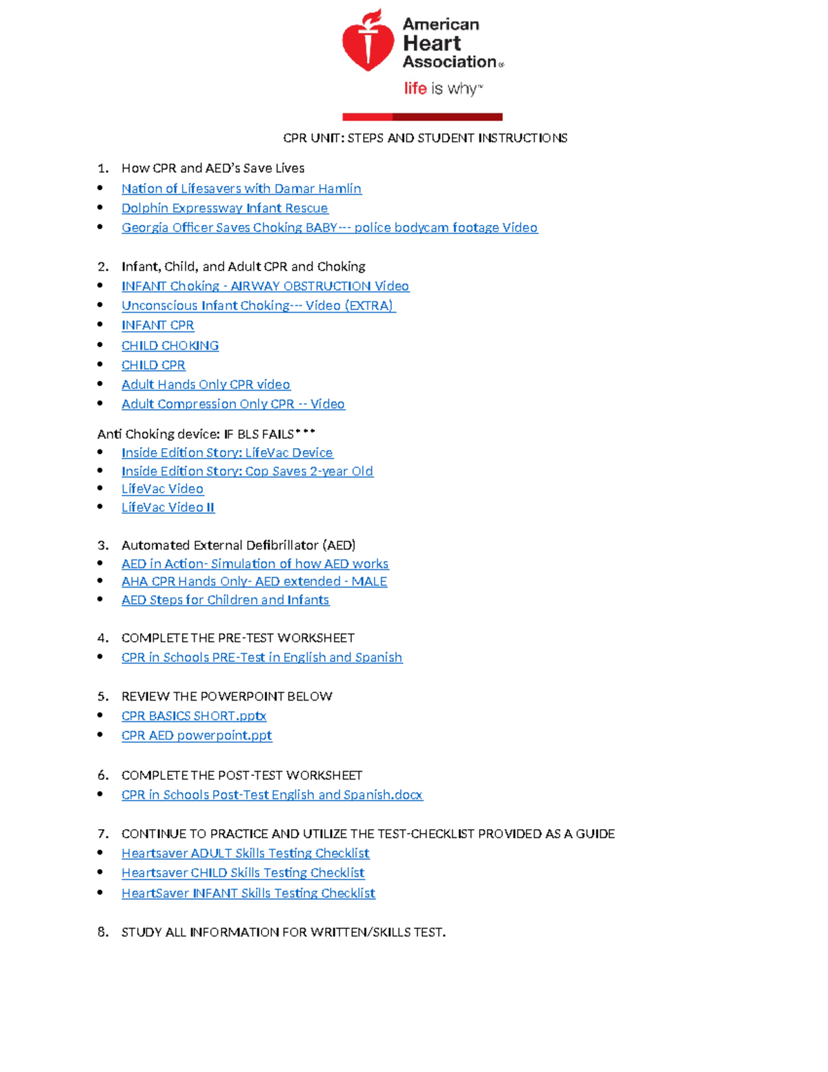 CPR UNIT Links FOR Upload Student Guided Sheet 2 - CPR UNIT: STEPS AND STUDENT INSTRUCTIONS How ...
