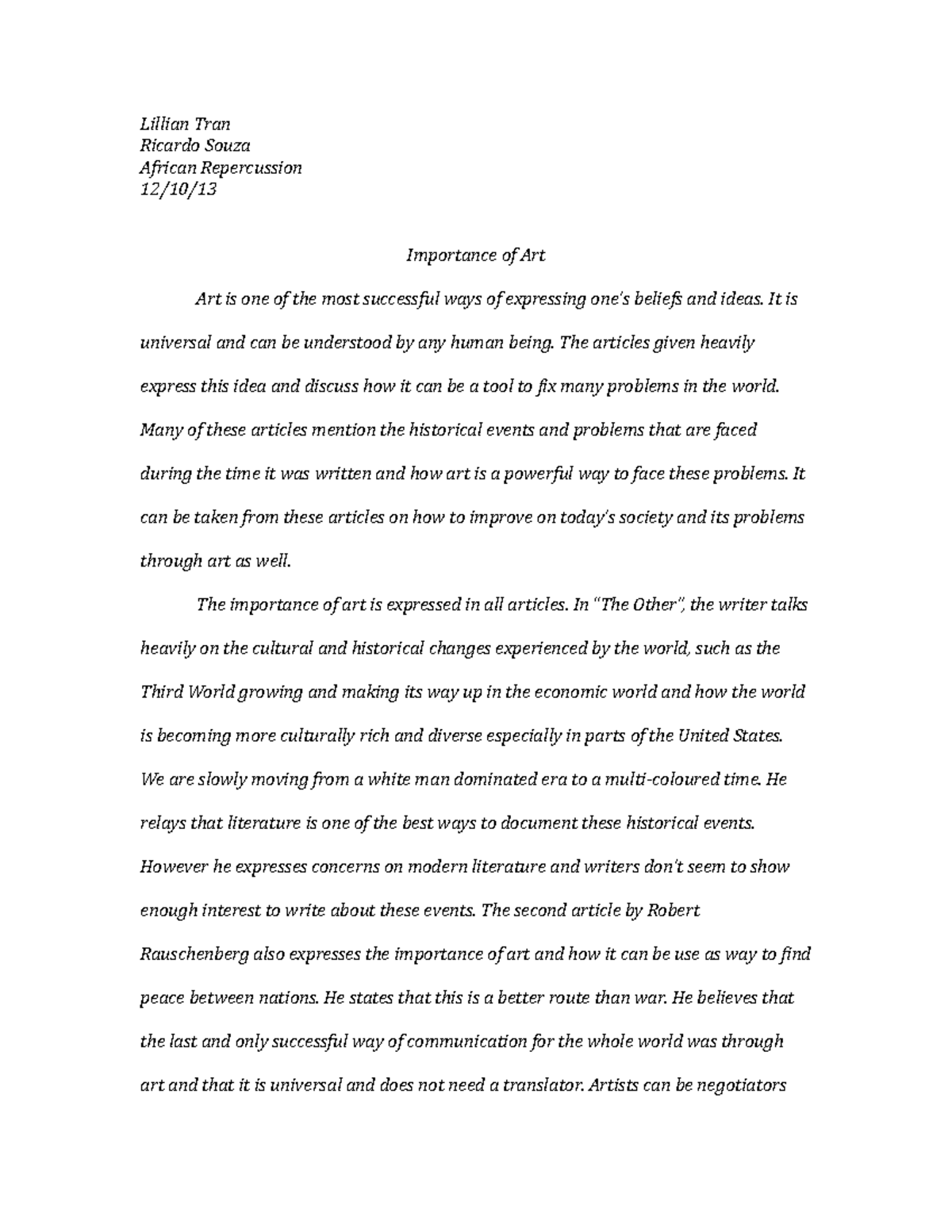 AR paper 4 - Grade: A - Lillian Tran Ricardo Souza African Repercussion ...