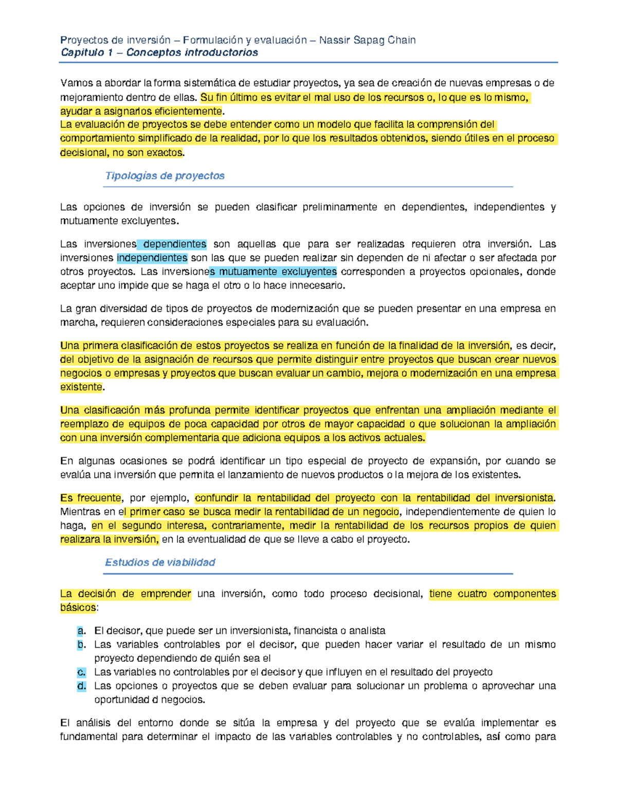 Resumen Libro Nassir Sapag Chain - Proyectos de inversión – Formulación ...