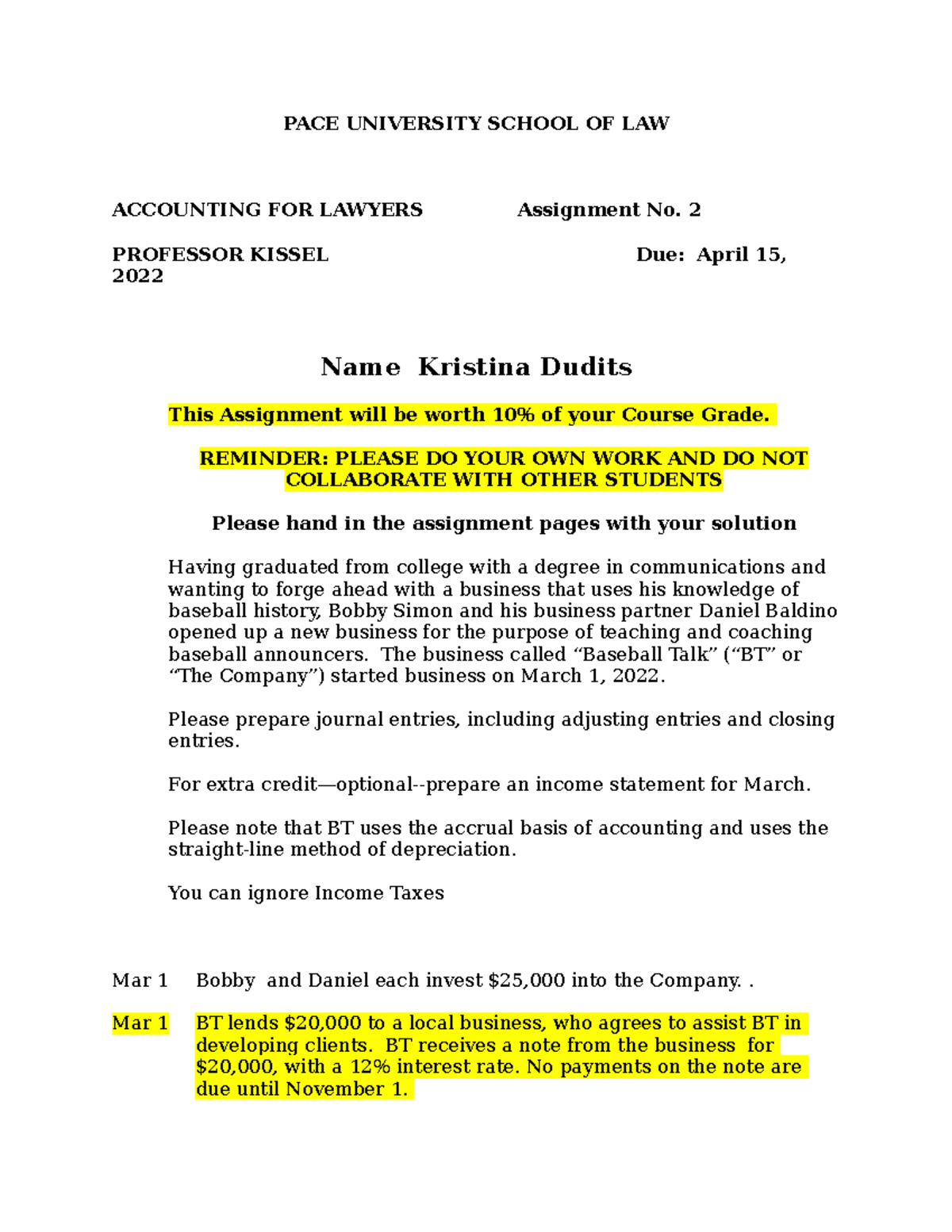 Accounting for Lawyers Assignment: Journal Entries and Income Statement ...