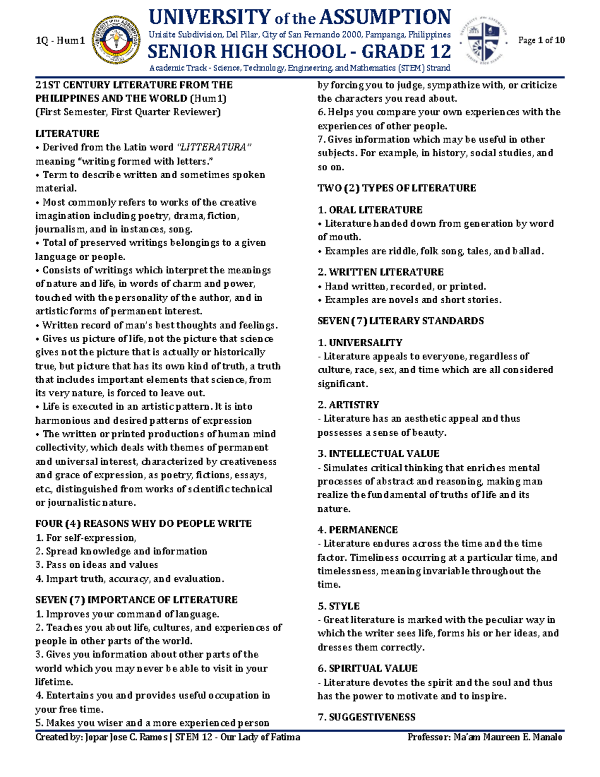 21st Century Literature from the Philippines and the World (Hum1) - Page 1 of 10 Unisite - Studocu