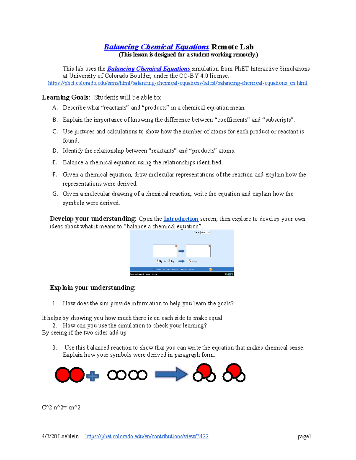 Done chemical lab - Balancing Chemical Equations Remote Lab (This ...