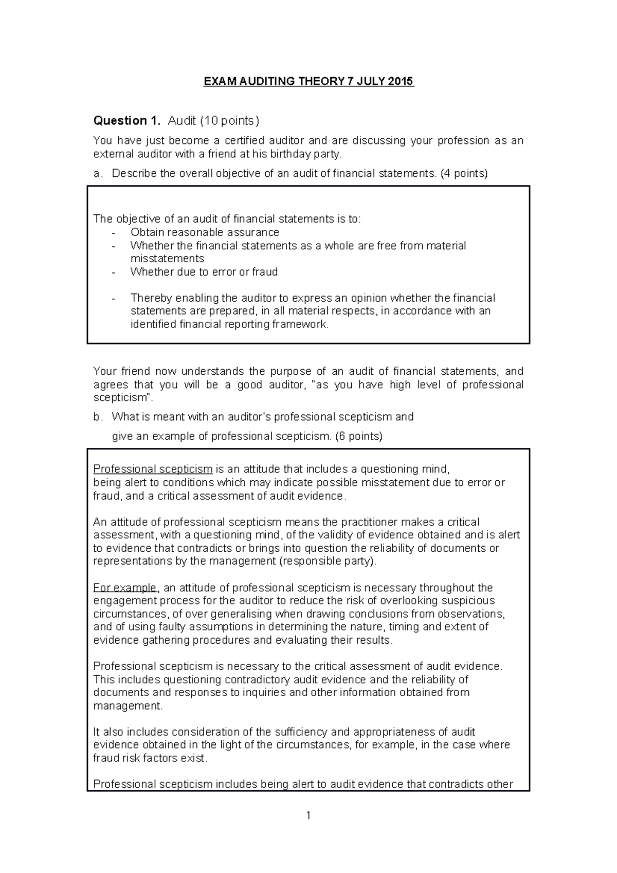 Sample/practice exam 7 July 2015, questions and answers - EXAM AUDITING ...