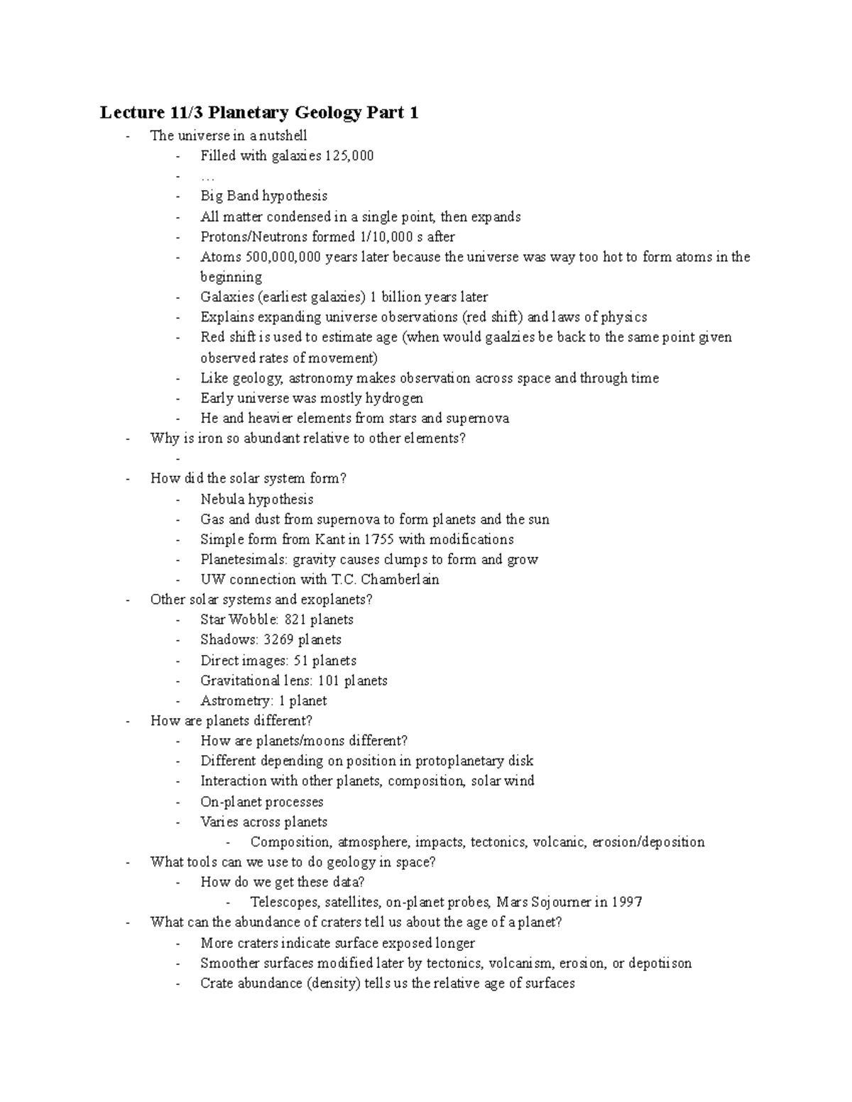 Lecture 11 3 Planetary Geology pt 1 notes - Lecture 11/3 Planetary ...