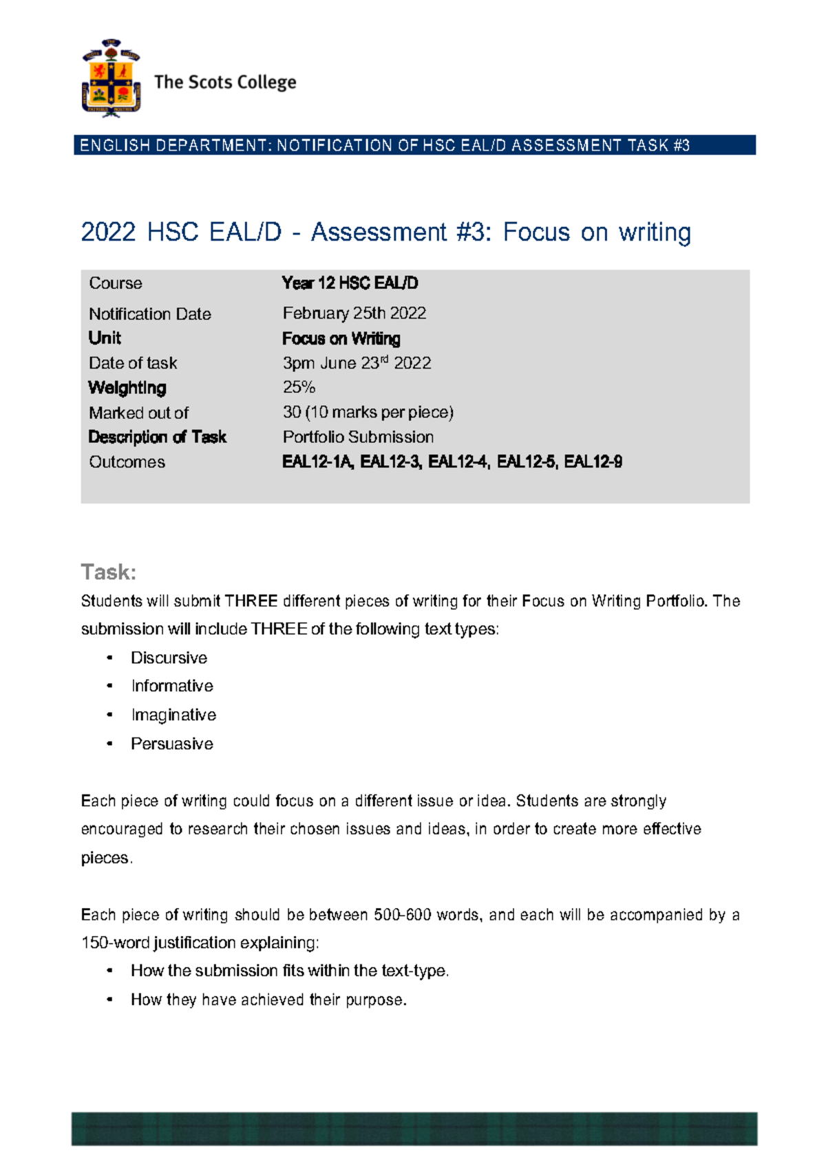 HSC EALD 2022 Assessment #3 Focus on Writing - Course Notification Date ...