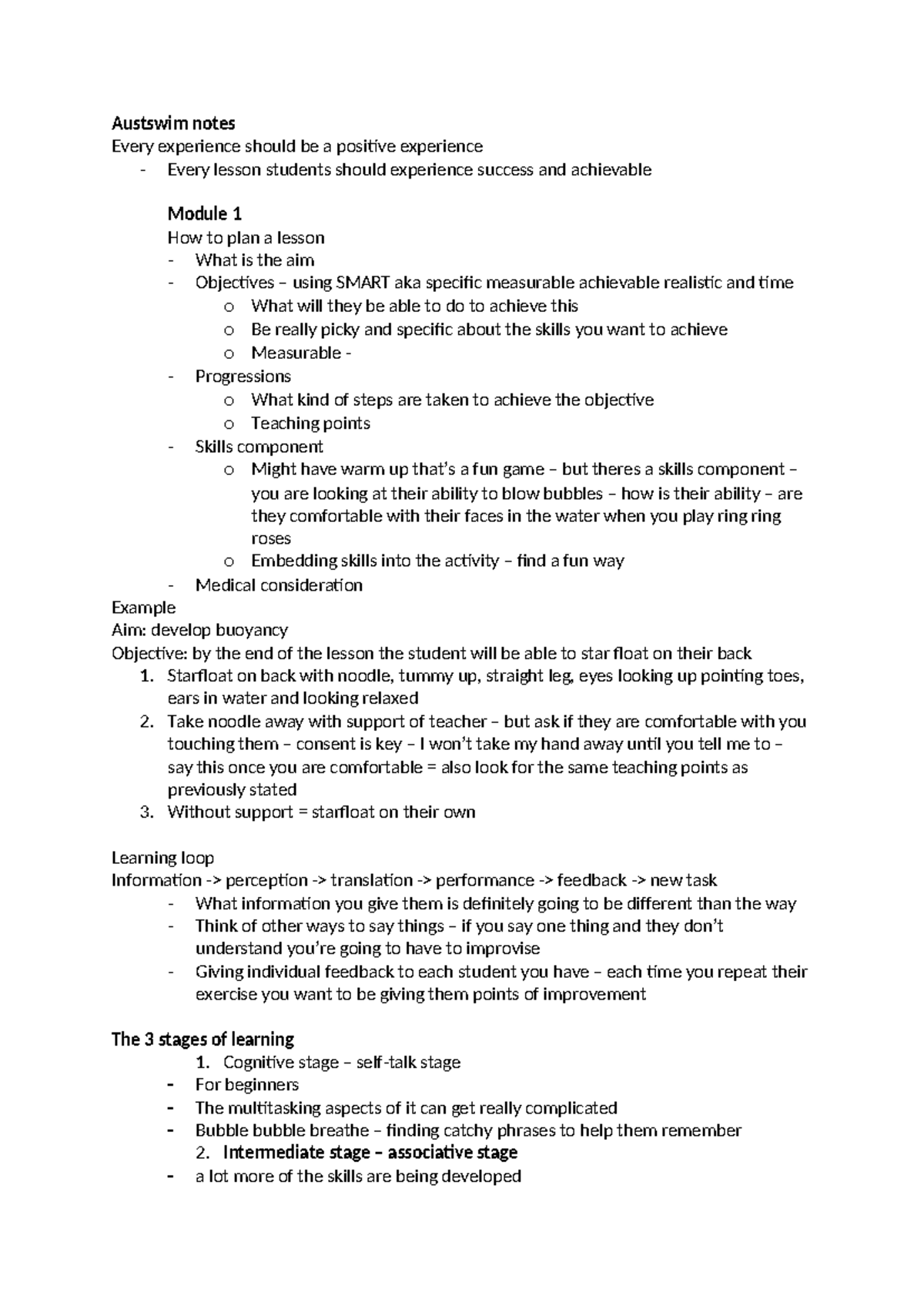 Austswim notes - Austswim notes Every experience should be a positive ...