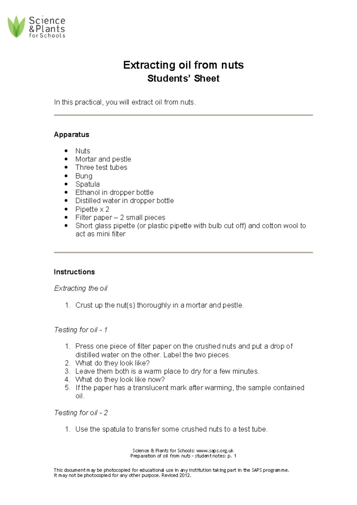 SAPS - Preparation of oil from nuts - student notes - Extracting oil ...