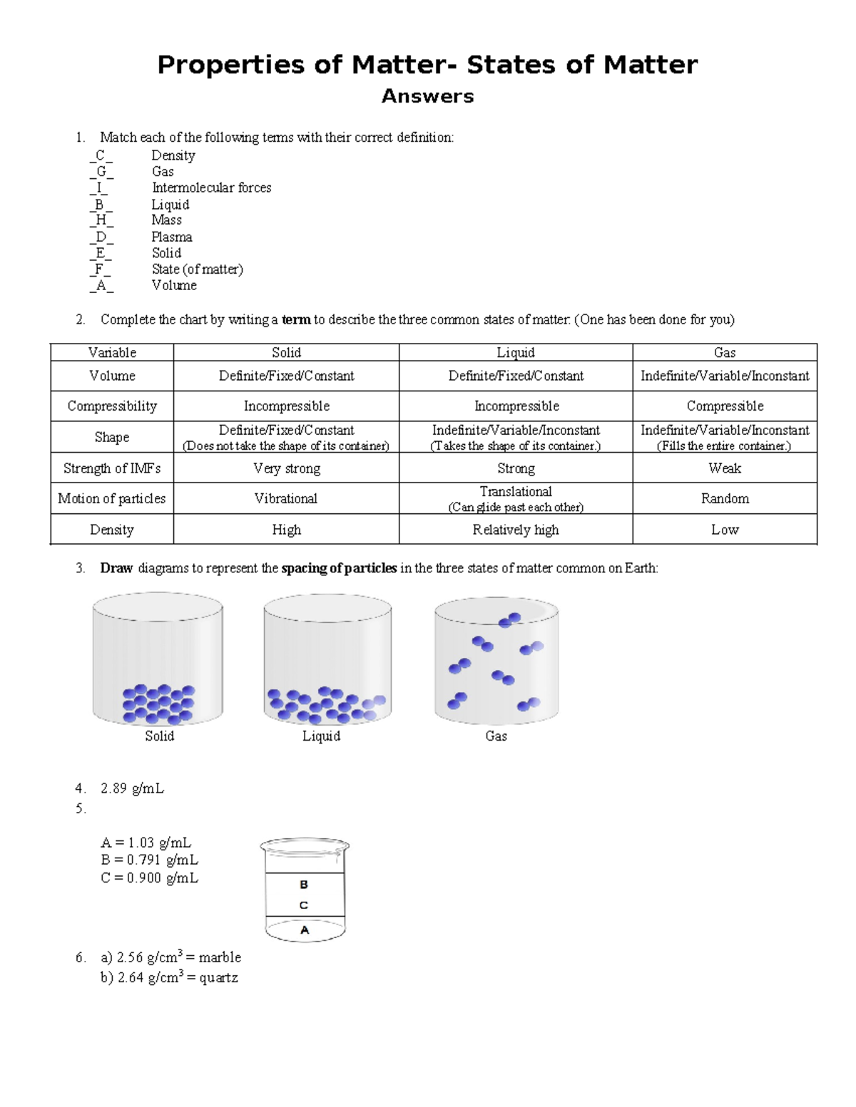 States of matter assignment ws answers - Properties of Matter- States ...