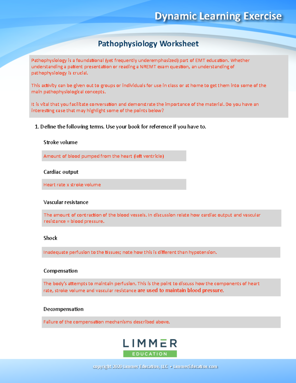 Pathophysiology-Worksheet - . for the EMS Classroom Pathophysiology ...
