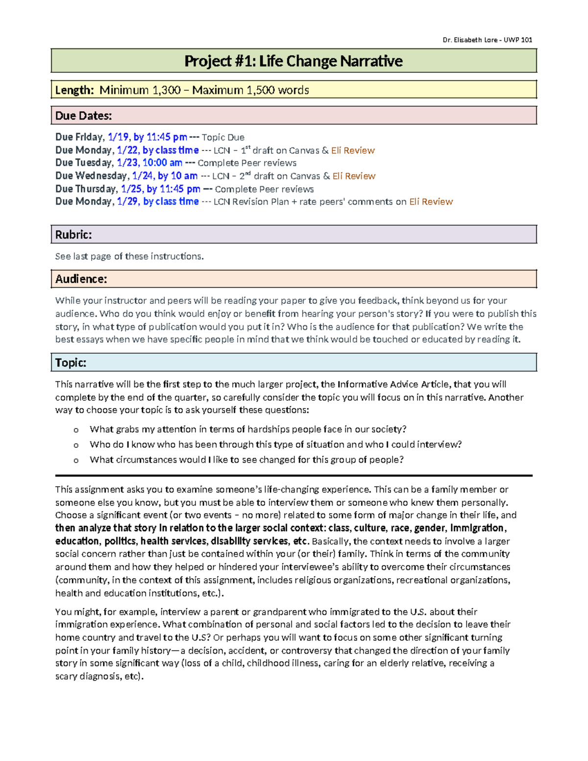 Project #1 - LCN Instructions - Dr. Elisabeth Lore - UWP 101 Project #1 ...