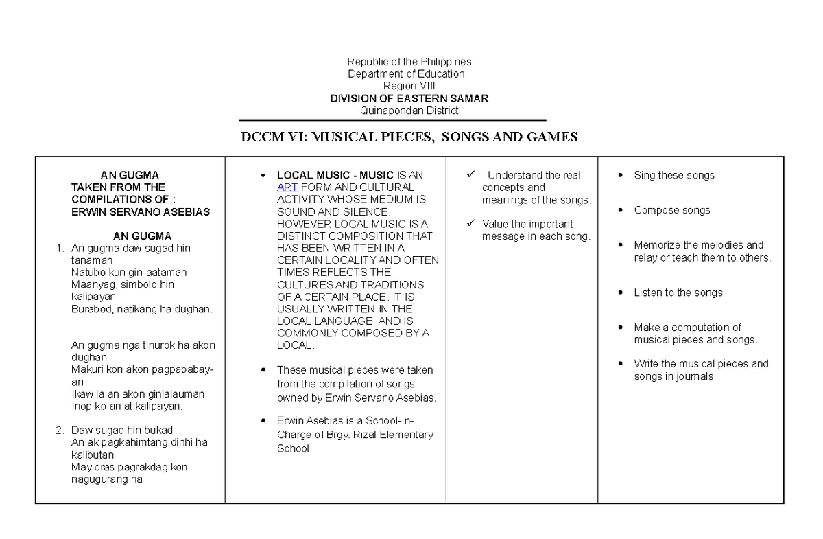 Dlhtm VI Musical Pieces, Songs AND Games - Department of Education ...