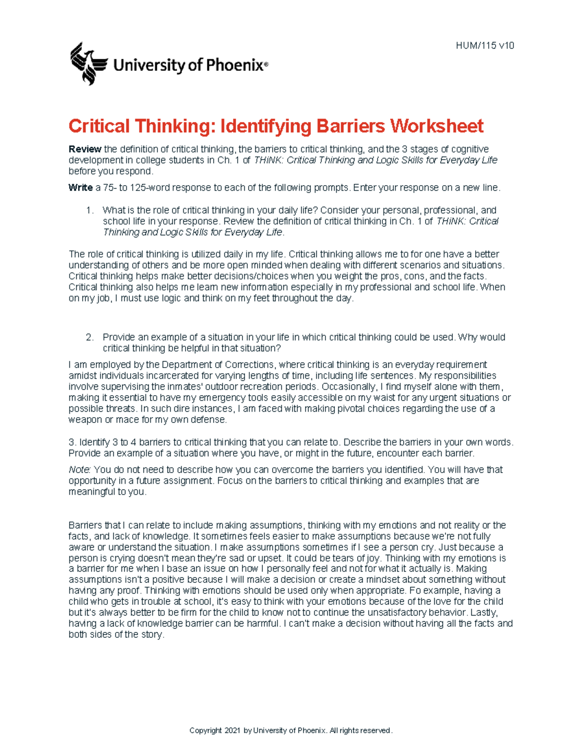 Darionhum 115 v10 wk1 critical thinking identifying barriers worksheet ...