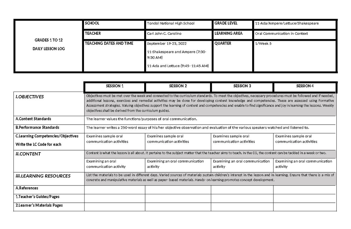 OC Q1 W5 - NOTES - GRADES 1 TO 12 DAILY LESSON LOG SCHOOL Tondol ...