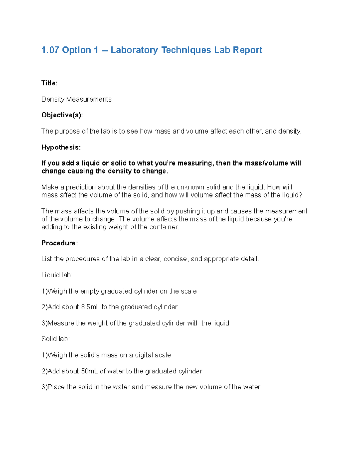 1.07 Option 1 Lab Techniques Revise - 1 Option 1 - Laboratory ...
