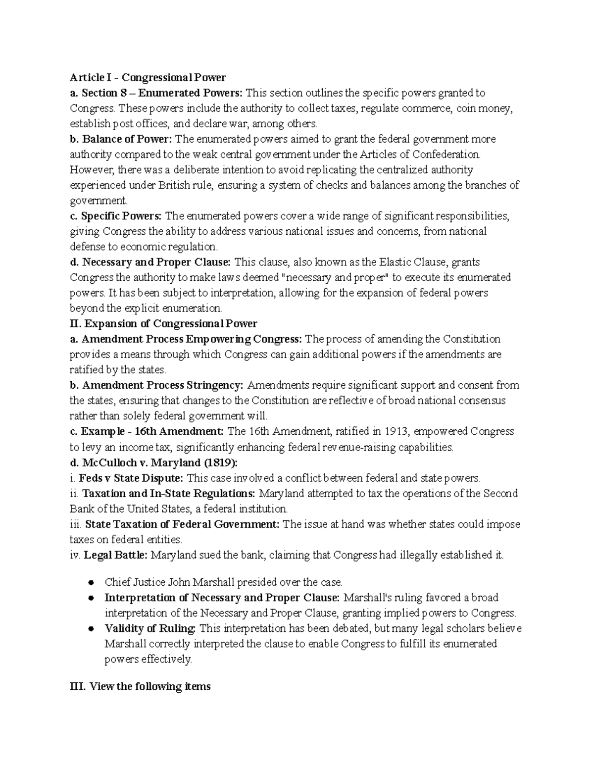 Politics notes 3 - Congressional Power - Article I - Congressional ...