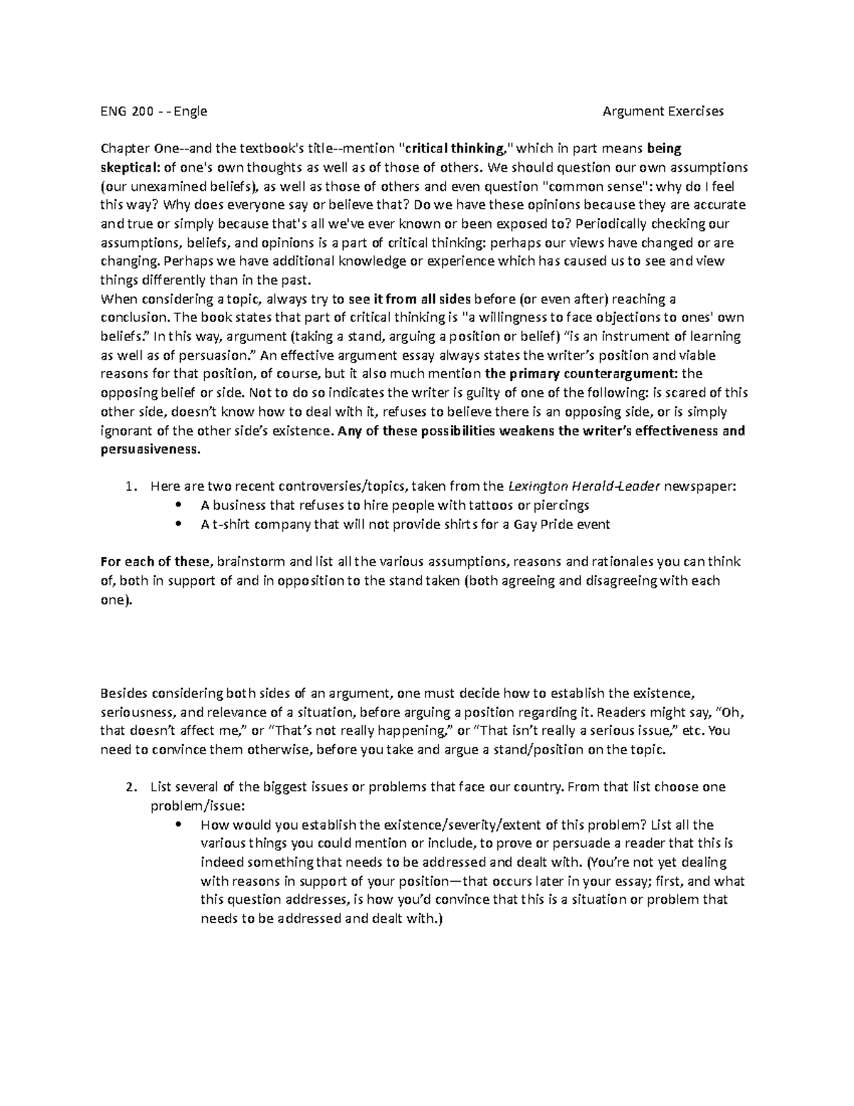ENG 200 Chapter One Activities - ENG 200 - Engle Argument Exercises ...