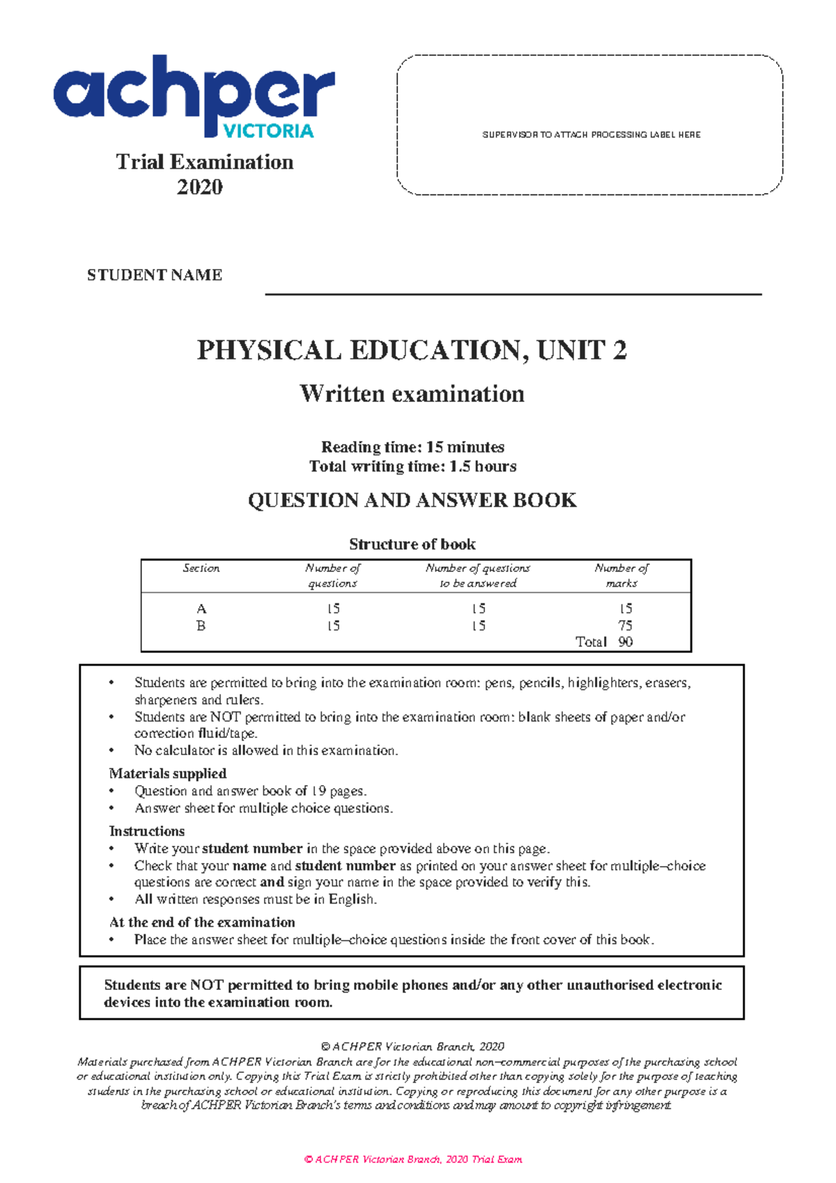 2020 VCE PE Unit 2 Trial EXAM Final - SUPERVISOR TO ATTACH PROCESSING ...
