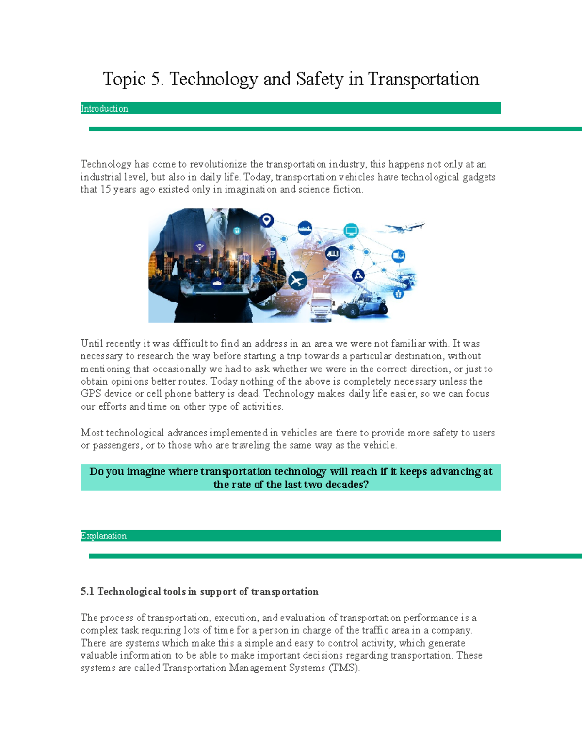Topic 5 Technology and Safety in Transportation - Topic 5. Technology ...