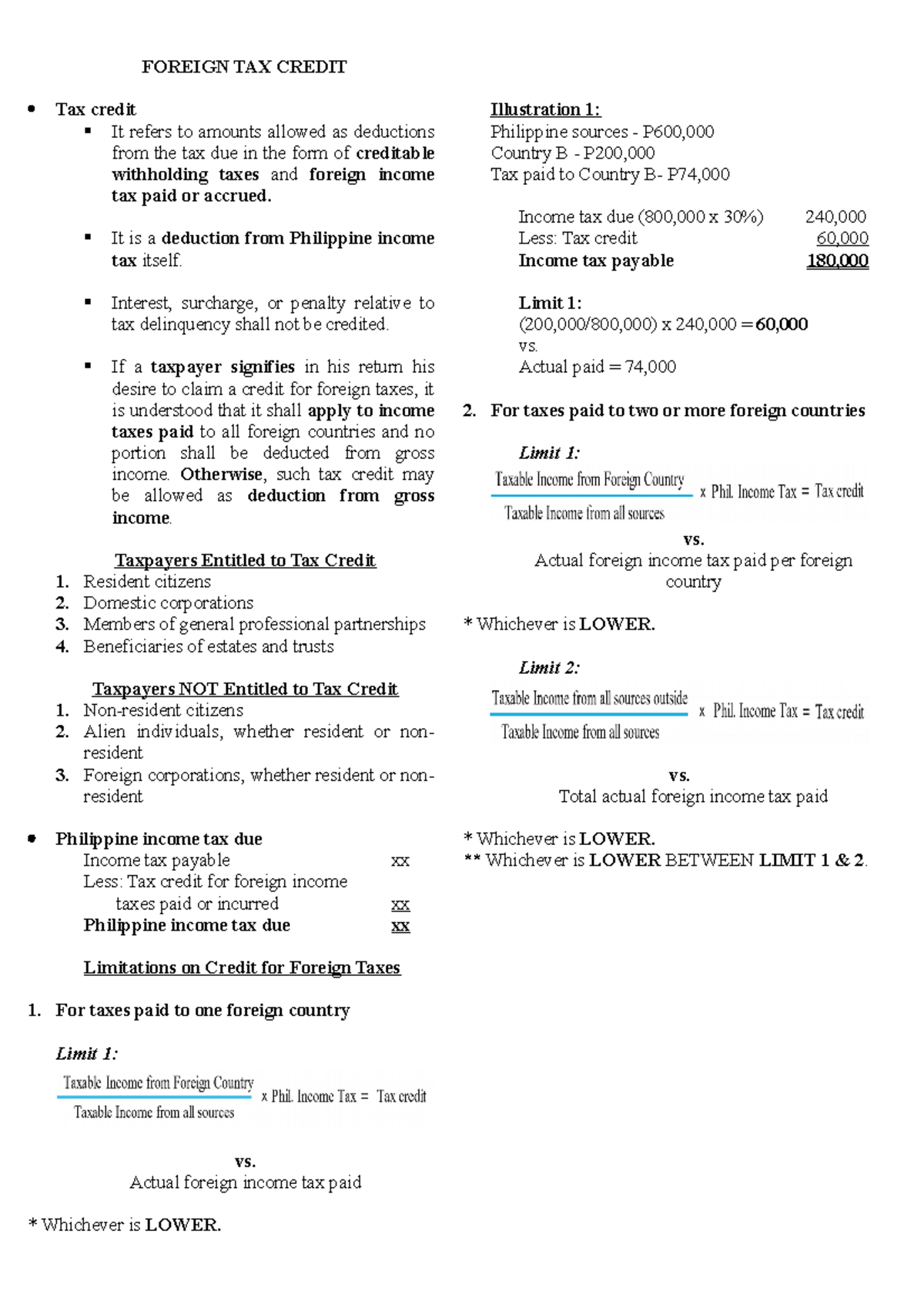 Foreign TAX Credit - notes - FOREIGN TAX CREDIT Tax credit It refers to ...