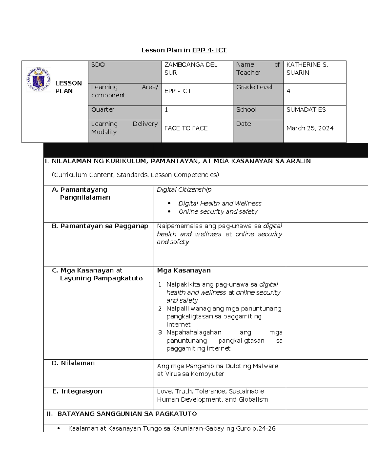 Demo-teaching-regional - Lesson Plan in EPP 4- ICT LESSON PLAN SDO ZAMBOANGA DEL SUR Name of ...