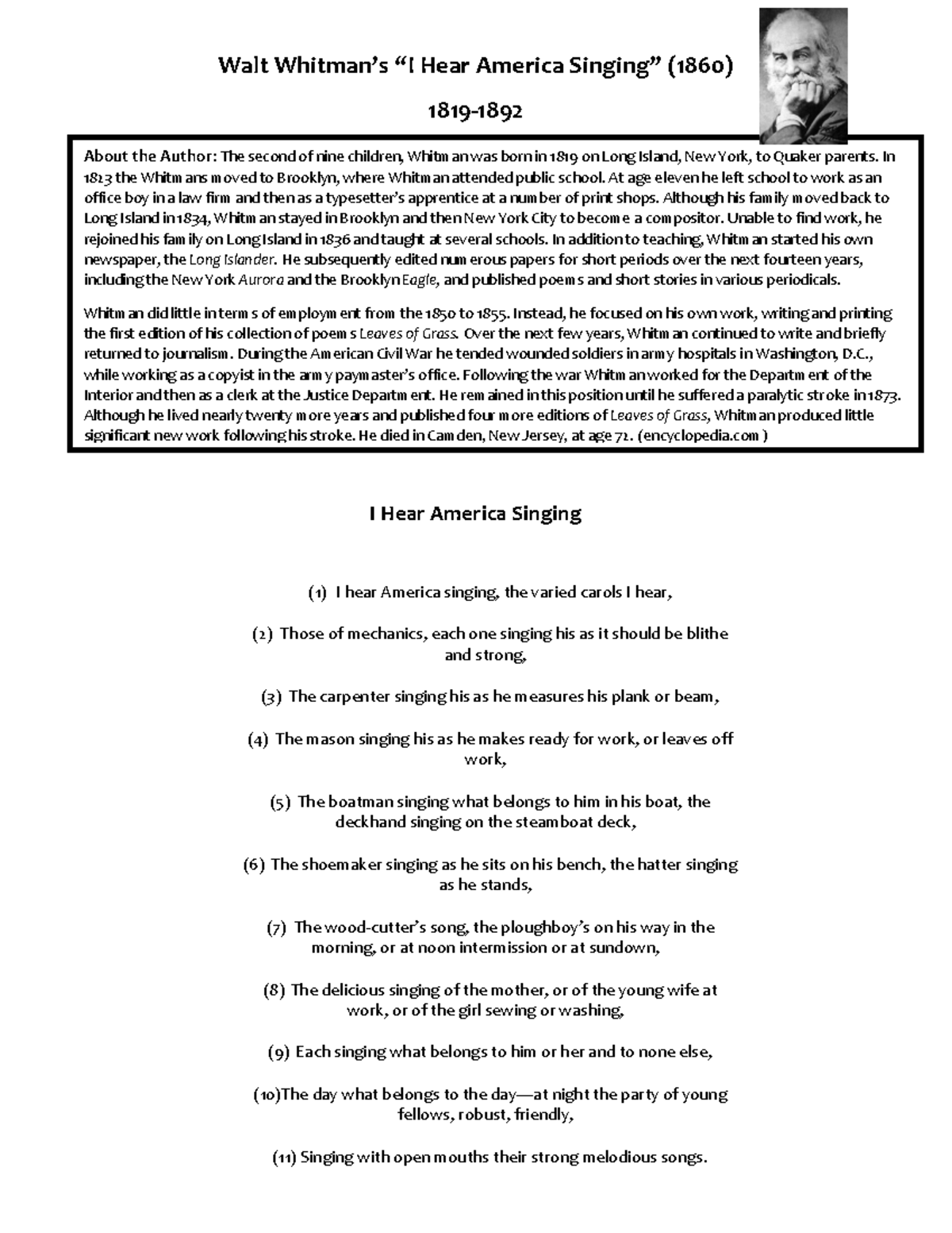 I Hear America Singing and I Too Singn America Texts for Analysis Using ...