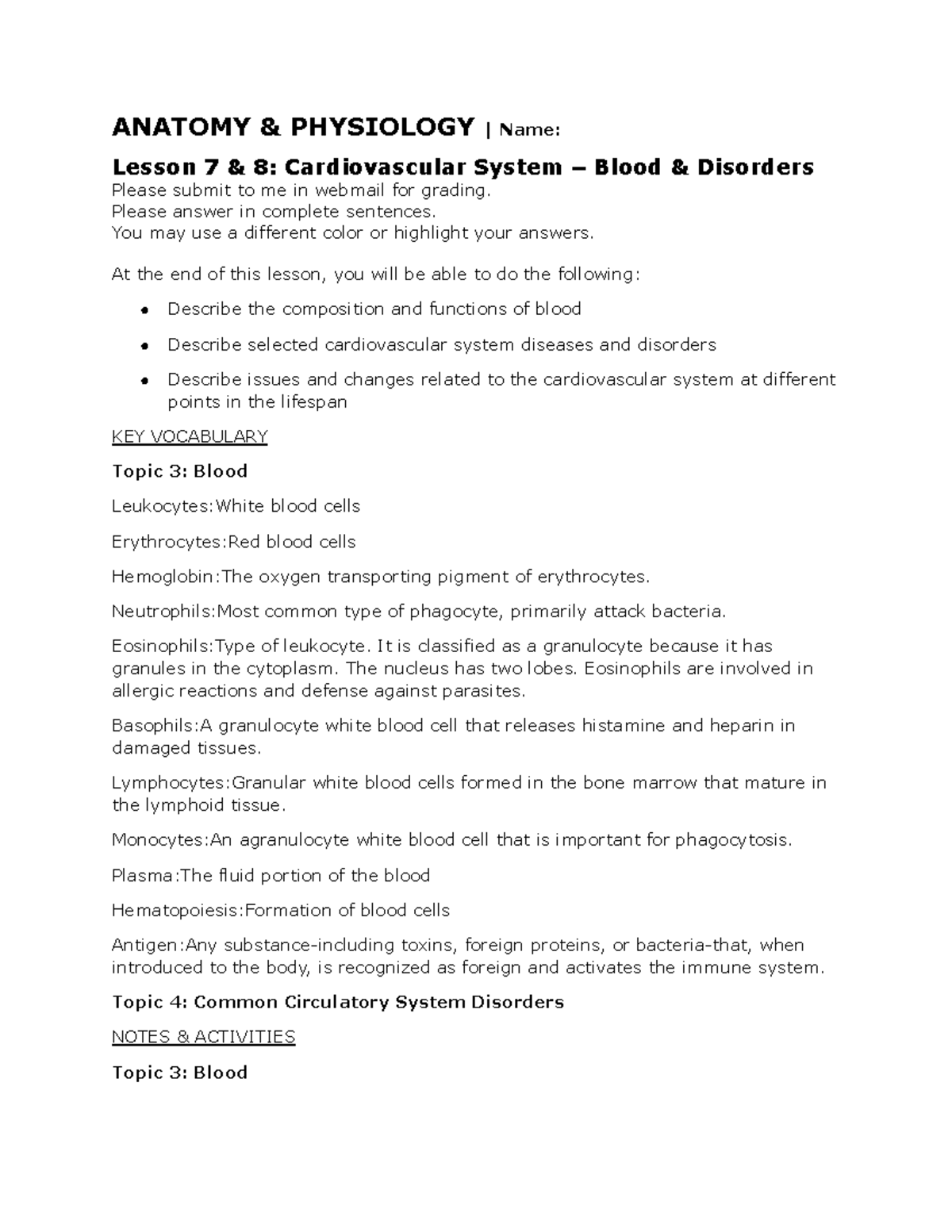 Copy of 7 & 8 - Cardiovascular System - ANATOMY & PHYSIOLOGY| Name ...