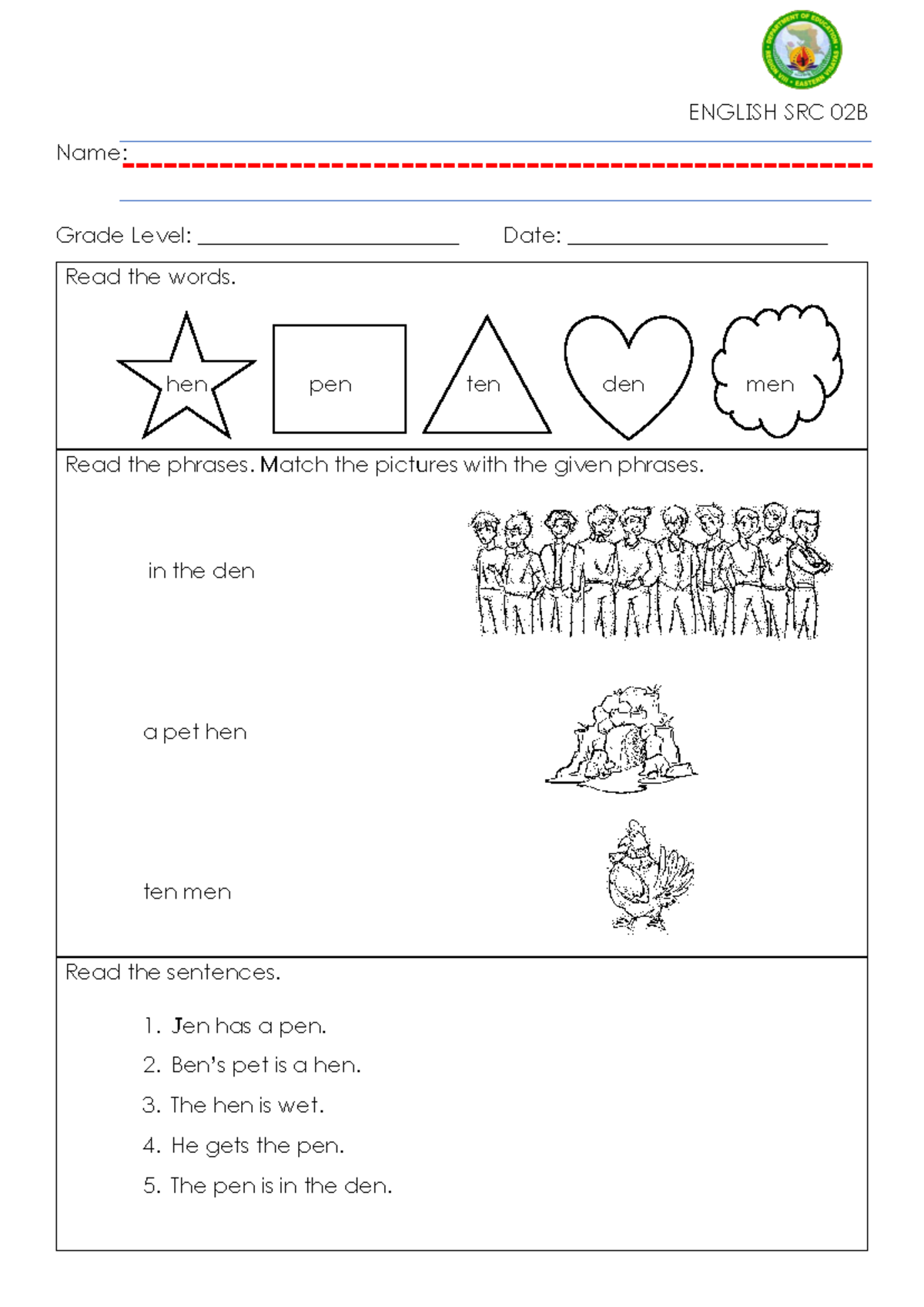 ENGLISH SRC 02B - hen pen ten den men Read the phrases. Match the ...